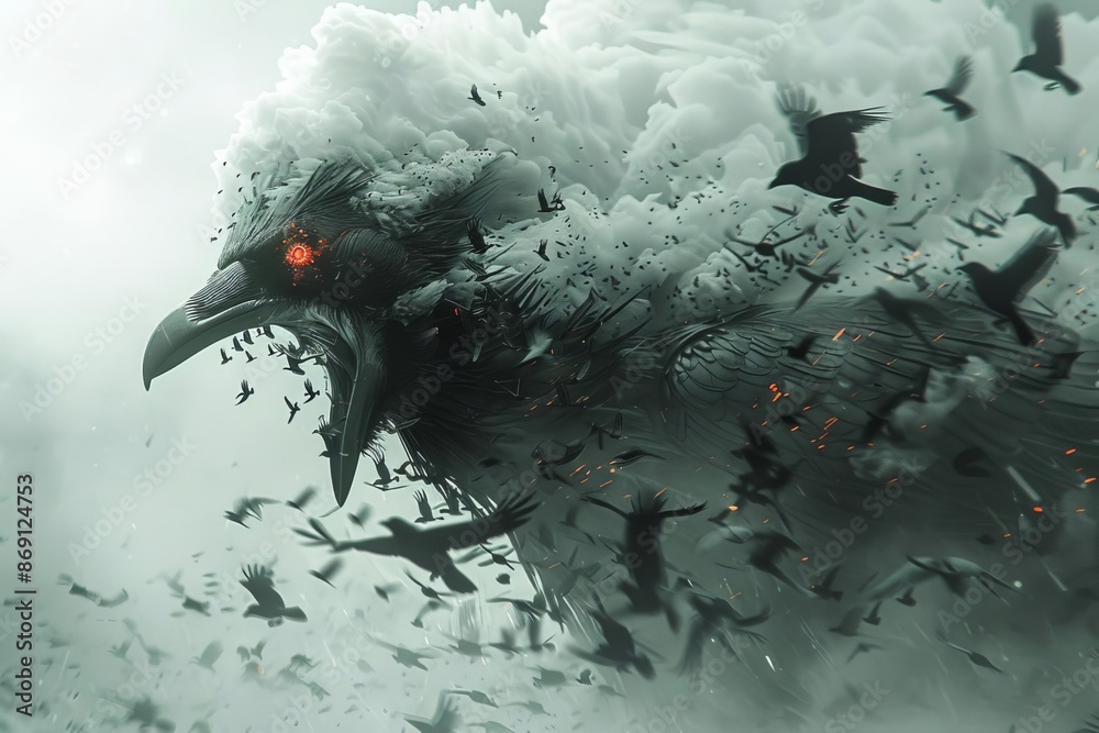 A flock of black birds scattering in terror as a plume of white smoke ...