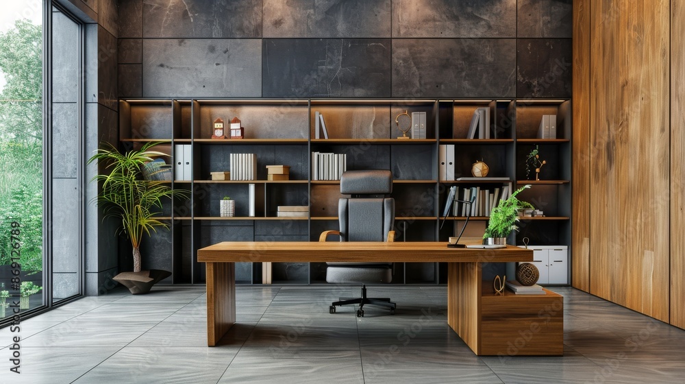 A professional office desk with a bookshelf, chair, and copy space on ...