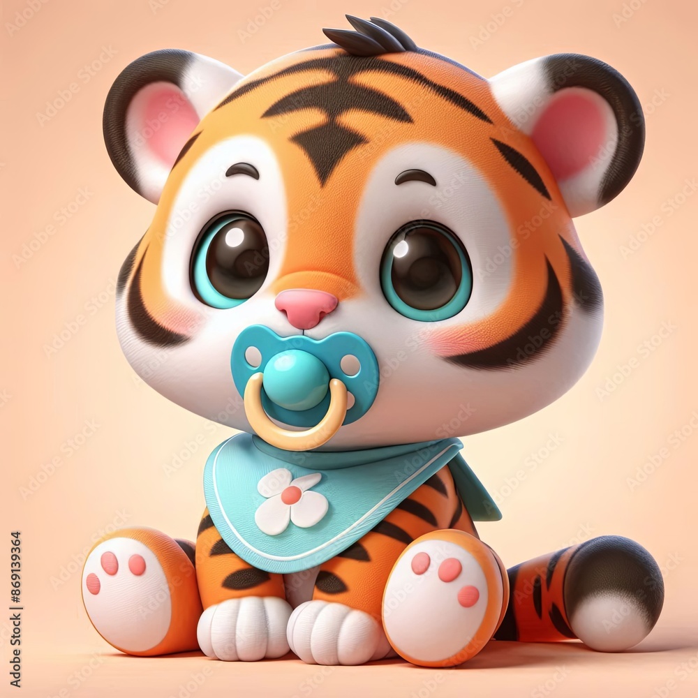cute baby tiger wearing pacifier and bib cartoon 3d Generative AI Stock ...