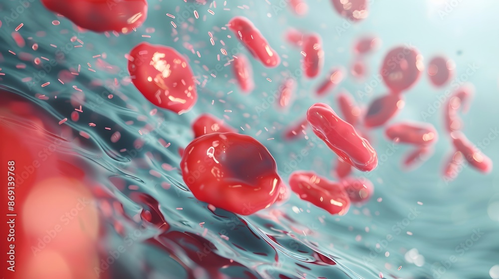 Red blood cells and platelets moving through an artery, with a wave ...