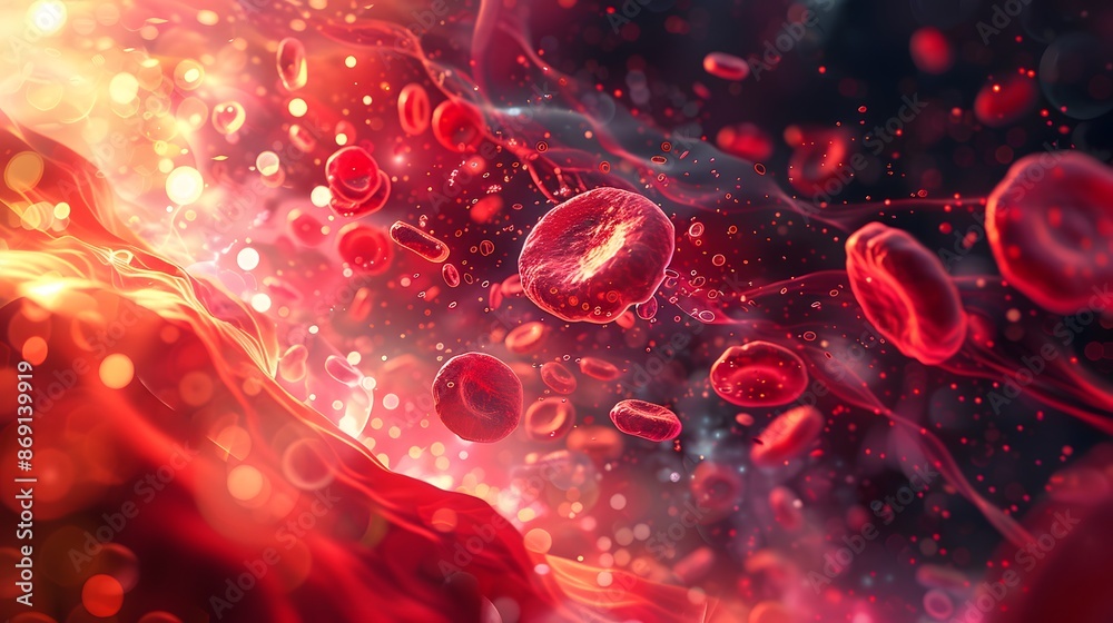 Red blood cells and platelets traveling through a vein, with a glowing ...