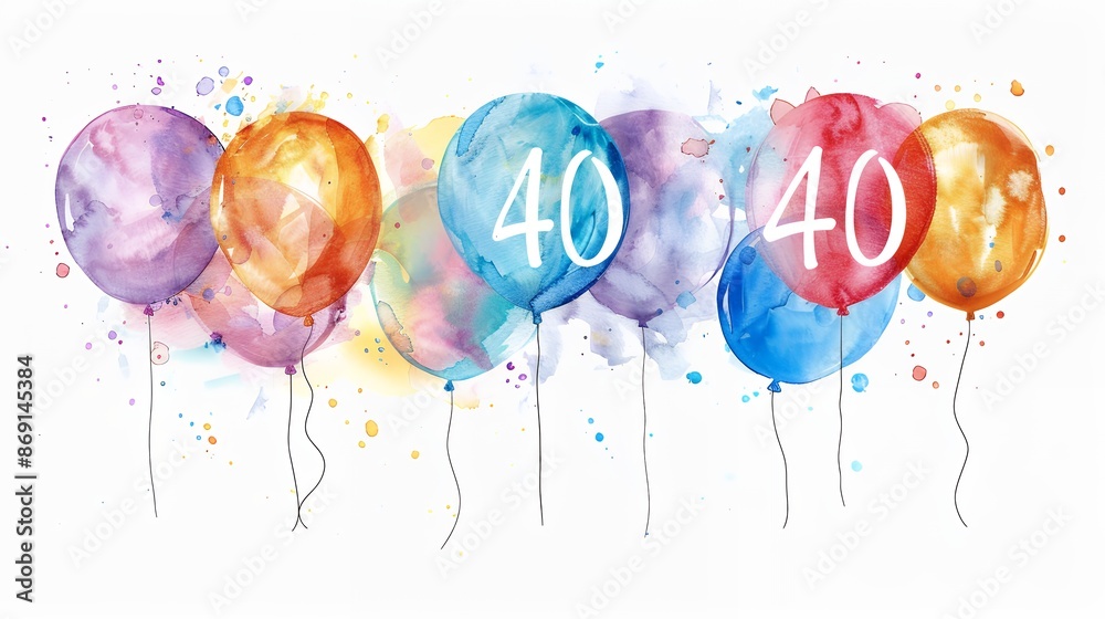 Watercolor colorful balloons with number "40" on white background for ...