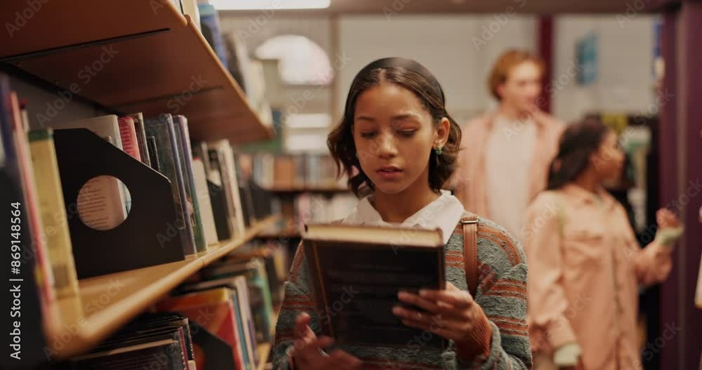 Girl, book and student in library to search at university, college or ...