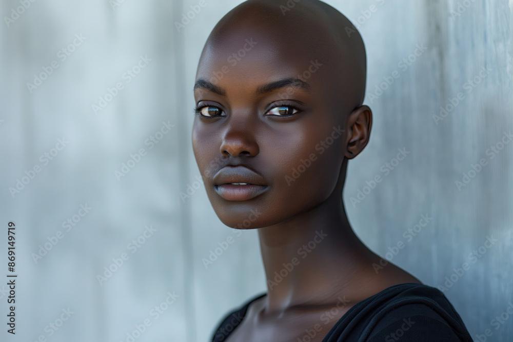Portrait of a young bald woman with smooth dark skin and serious ...