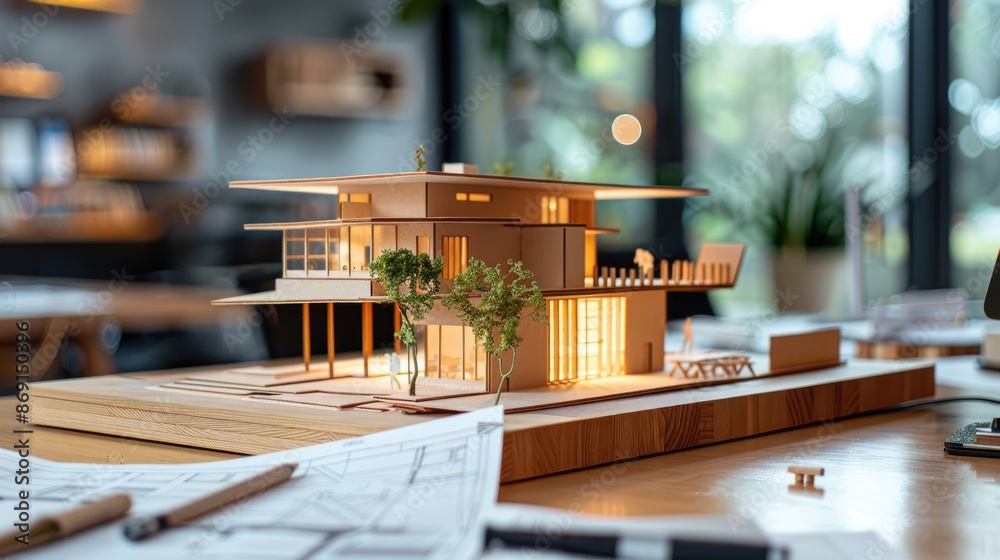 Architecture office desk with a paper model of a sustainable modern ...
