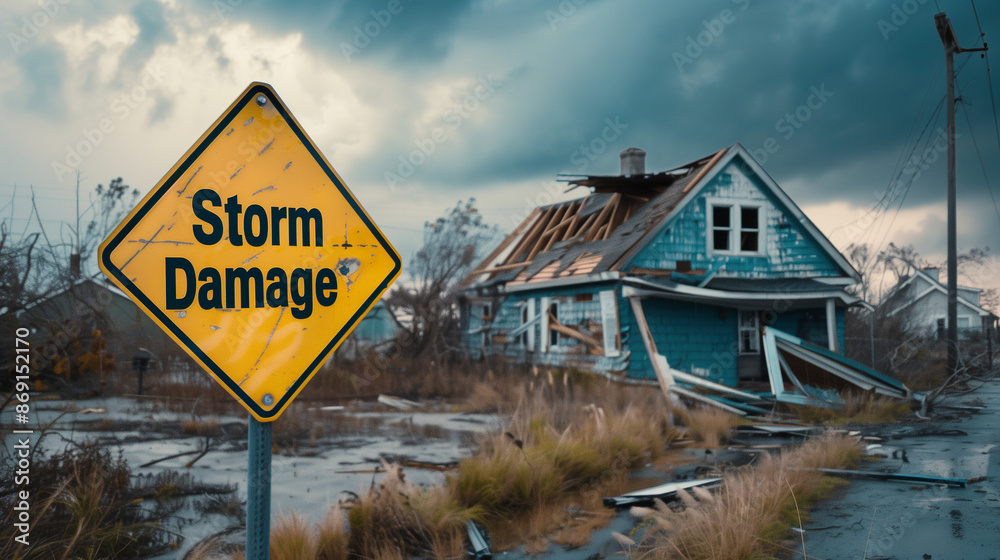 Storm damage on yellow warning signboard with hurricane wind damaged ...