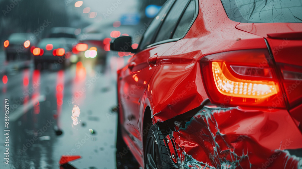 Red Car with Rear-End Damage in Traffic Accident. A vivid image ...