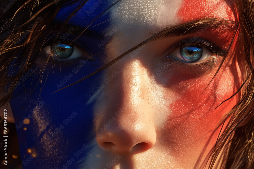 Close-up of a football fan eyes with strikingly vibrant eyes and France ...