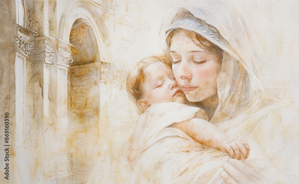 Blessed Virgin Mary Embracing Baby Jesus: Sacred Mural Depicting the ...