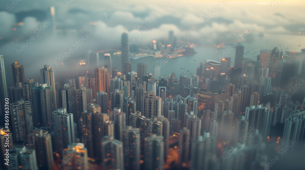 Miniature Metropolis in the Mist. An aerial photograph capturing a ...