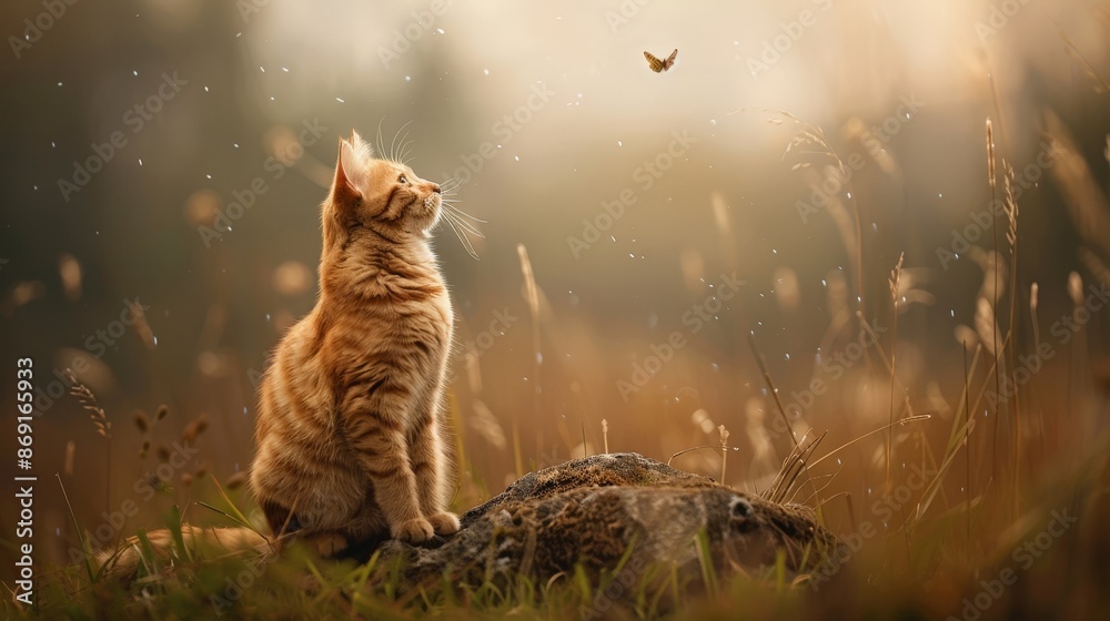 A tabby cat sits in a field of tall grass, gazing up at a butterfly ...