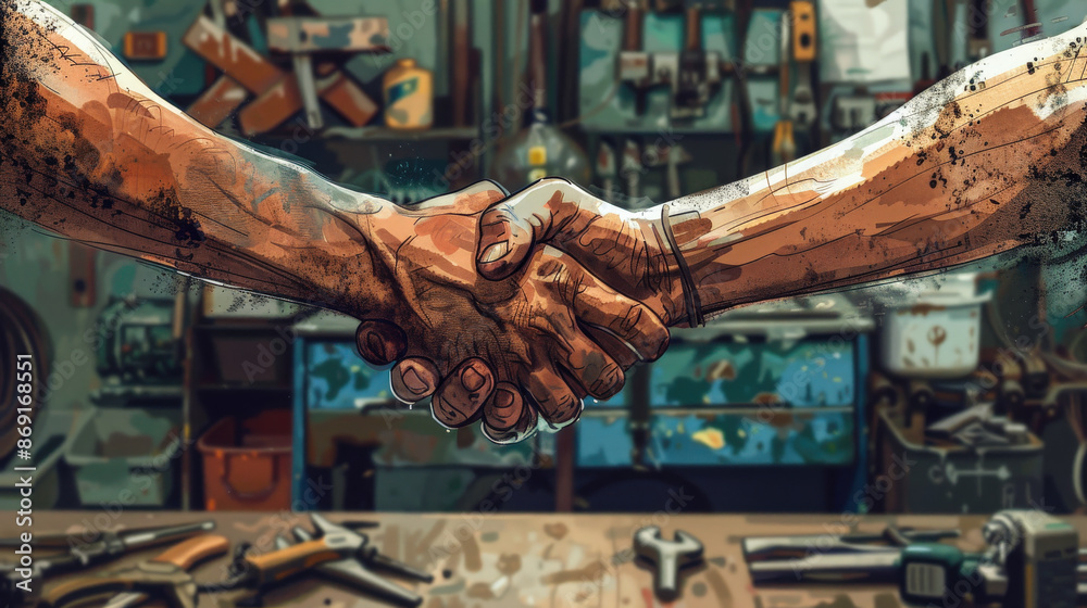Mechanic's Handshake in WorkshopAn artistic portrayal of two mechanics ...