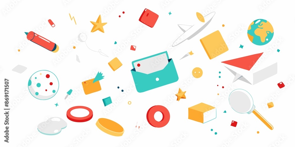 White background with collection of scattered objects and words ...