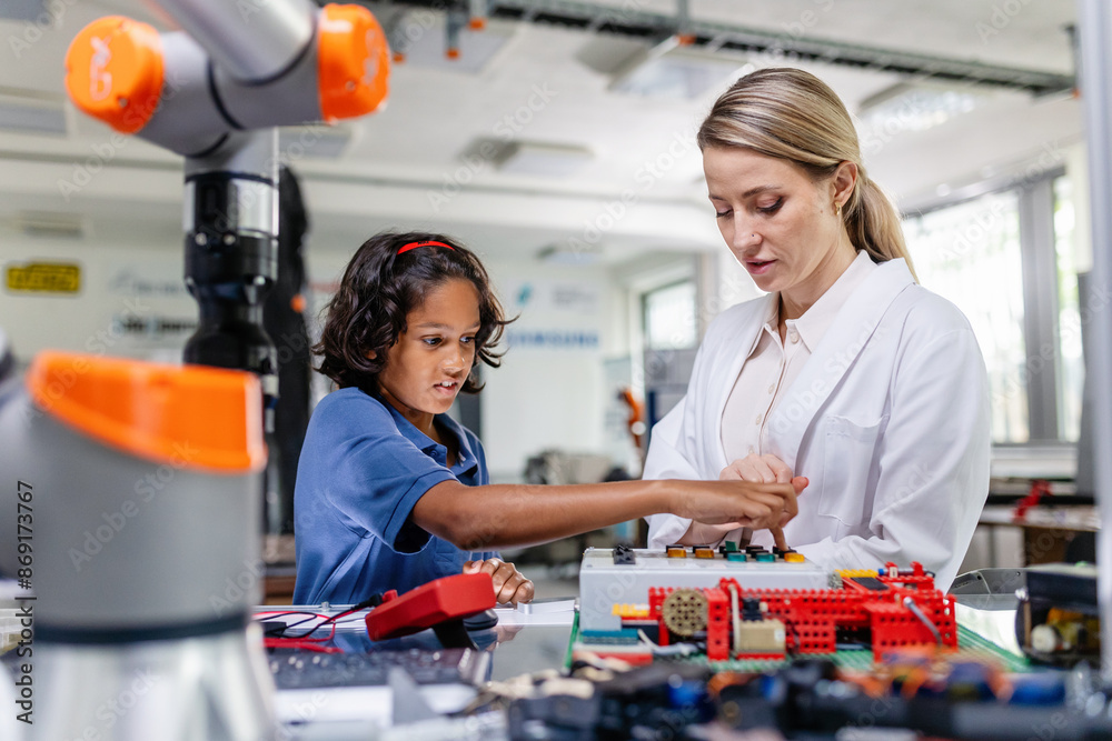 Female teacher helping young schoolboy to build robot kit in after ...