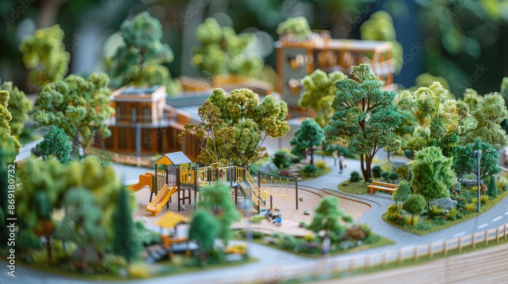 Architecture model of a park with a playground, a bench, and a small ...