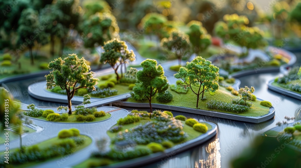 A miniature model of a park with trees and a pond. The park is designed ...