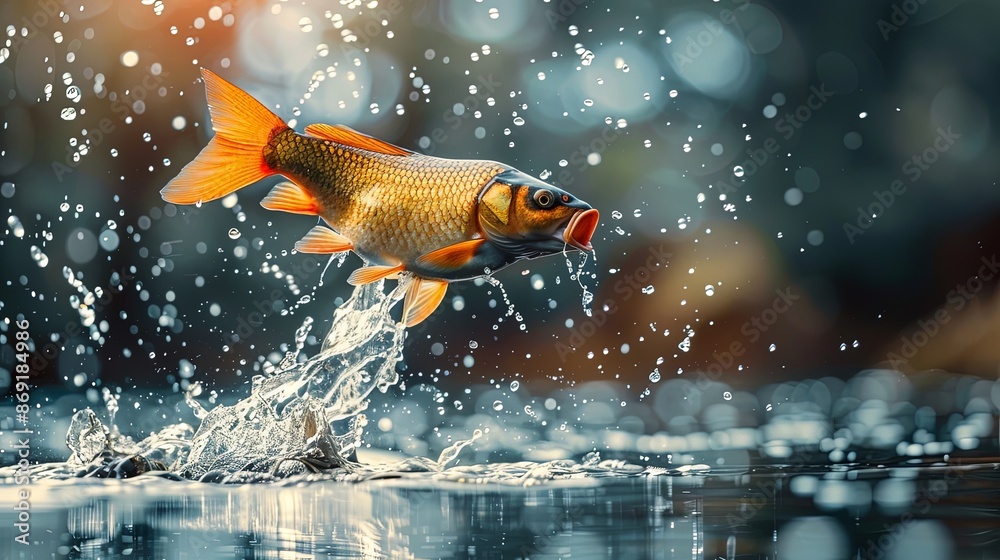 An energetic image showcases a koi fish mid-jump, surrounded by water ...