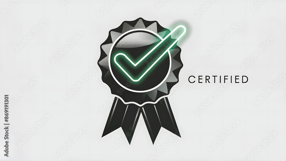 A stylized, ribbon-like emblem with a tick mark in the center. The word ...