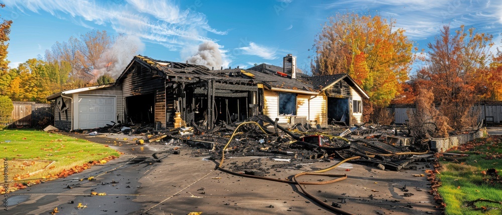 Burnt-out home with collapsed roof and blackened walls, residential ...