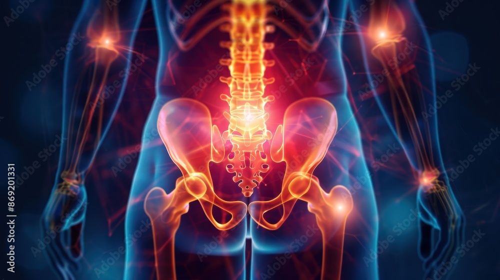 Representation of pelvic pain with a glowing red area and twisting ...