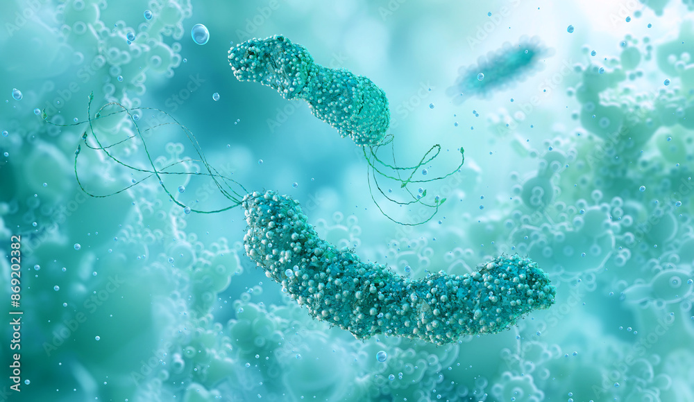 Microscopic view of Helicobacter pylori, spiral bacterium causing ...