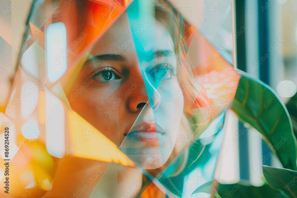 An abstract of a person looking into a mirror that reflects not just ...