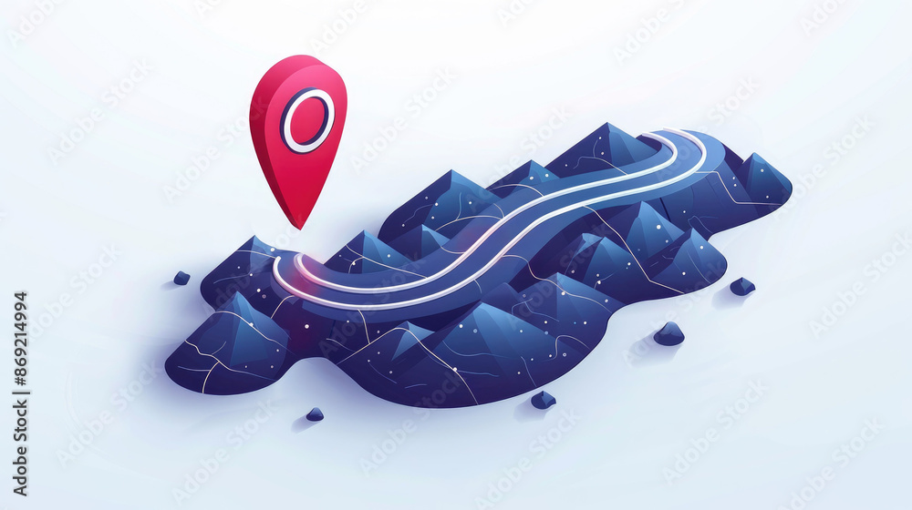 Abstract 3D illustration of a mountainous map with a location pin and ...