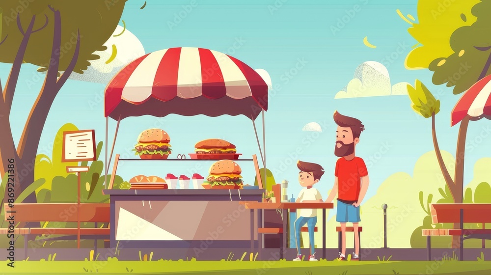 Cartoon illustration of a street food vendor in a park with a tent ...