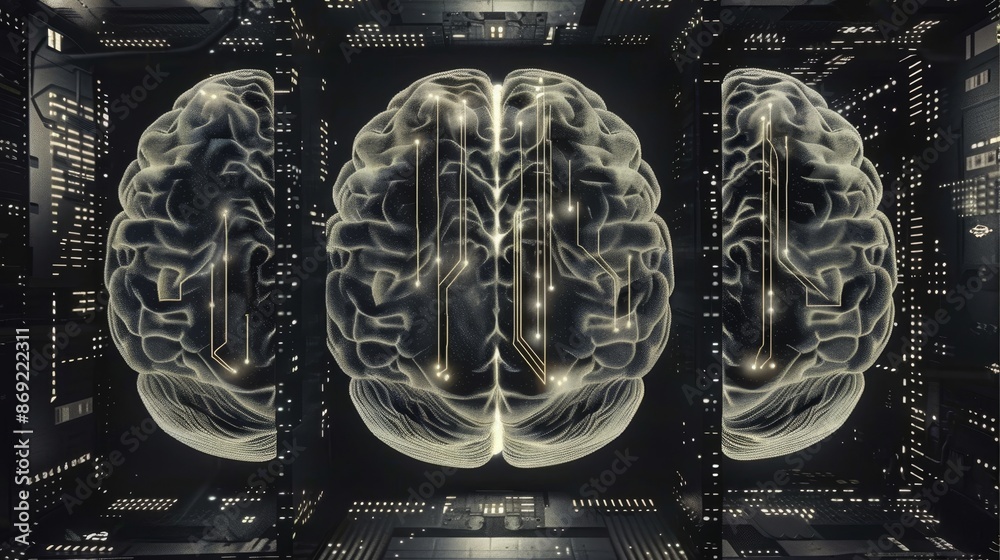 Camera zooms into one holographic brain scan, transitioning to an ...