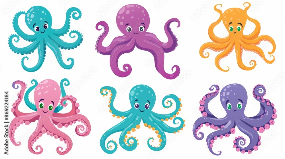 Cartoon octopuses with colorful skin and long tentacles, underwater ...