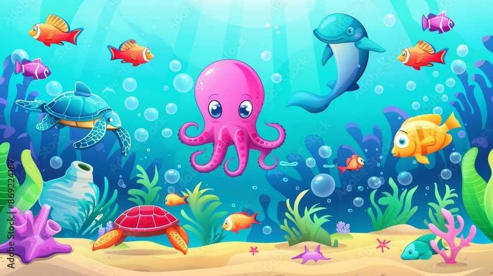 An underwater sea life cartoon illustration featuring adorable sea ...