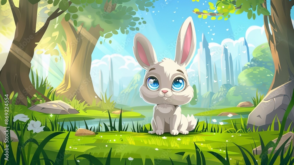 Funny rabbit or jackrabbit on spring lawn with shrubbery and green ...