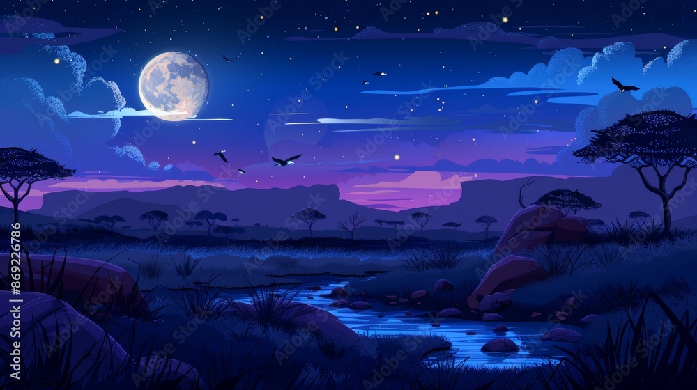 Nightscape with savannah landscape and river. Modern cartoon ...