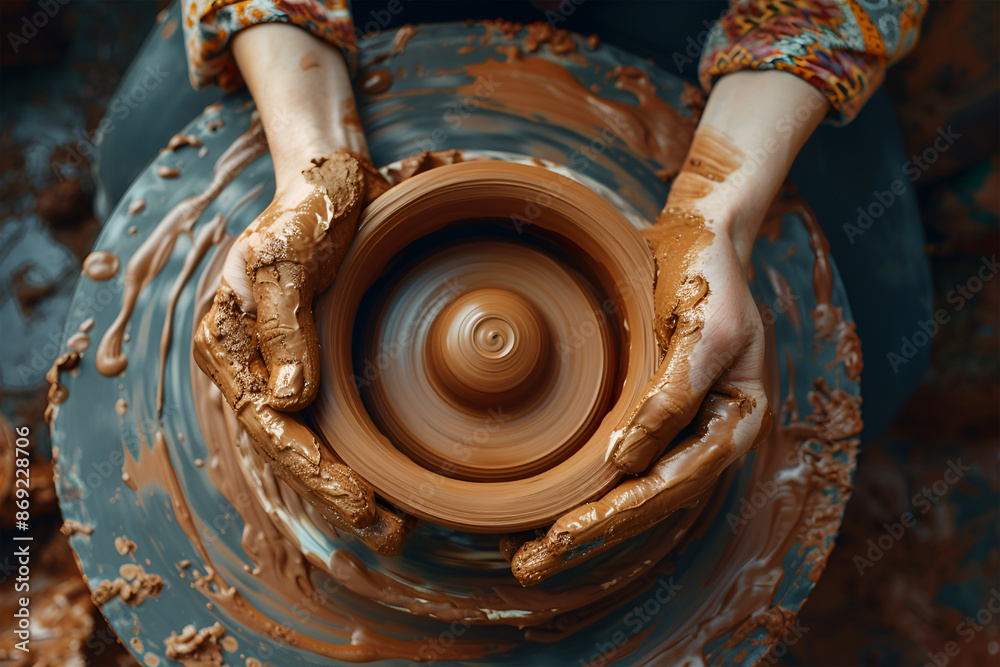 Creating a jar or vase of white clay close-up. Master crock. Man hands ...