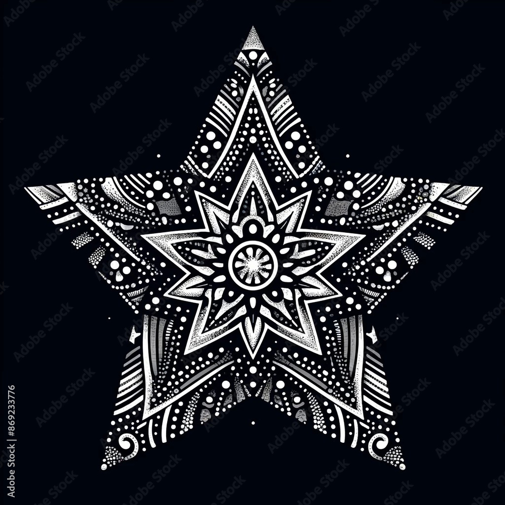 Tribal and Pointillism Blend Star - Intricate Black and White Design ...