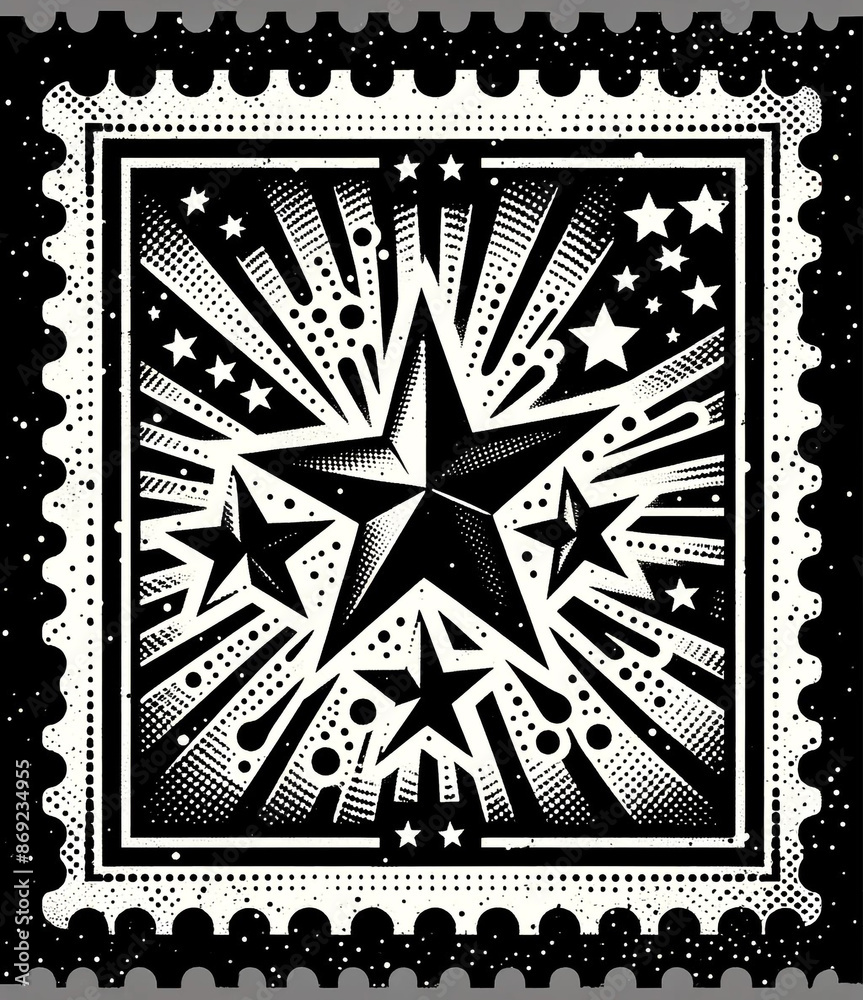 Vintage Postage Stamp with Stars - Black and White Pointillism - A ...