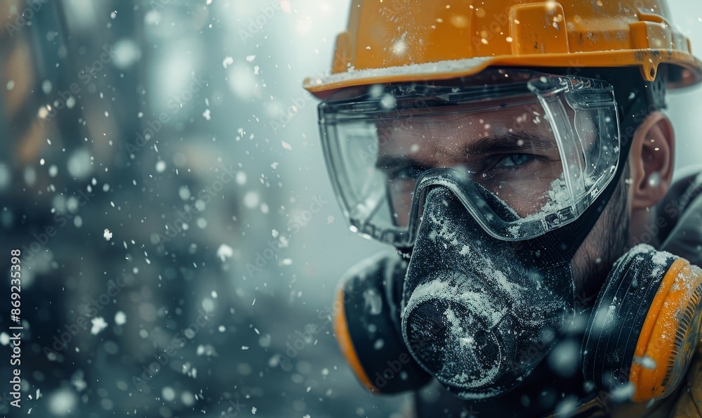 Professional construction worker wearing a high-grade dust mask ...
