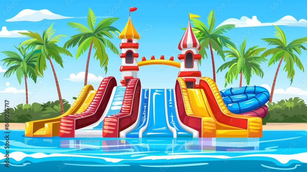 Inflatable waterpark slide in the shape of a castle, a beach with palm ...