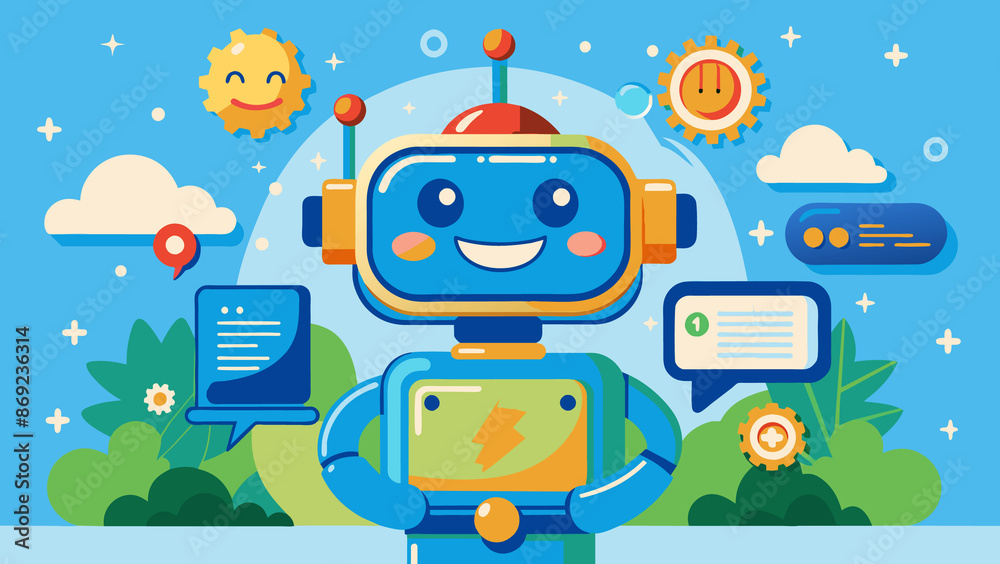 Robot chat bot with smiling face in cartoon style. It is surrounded by ...