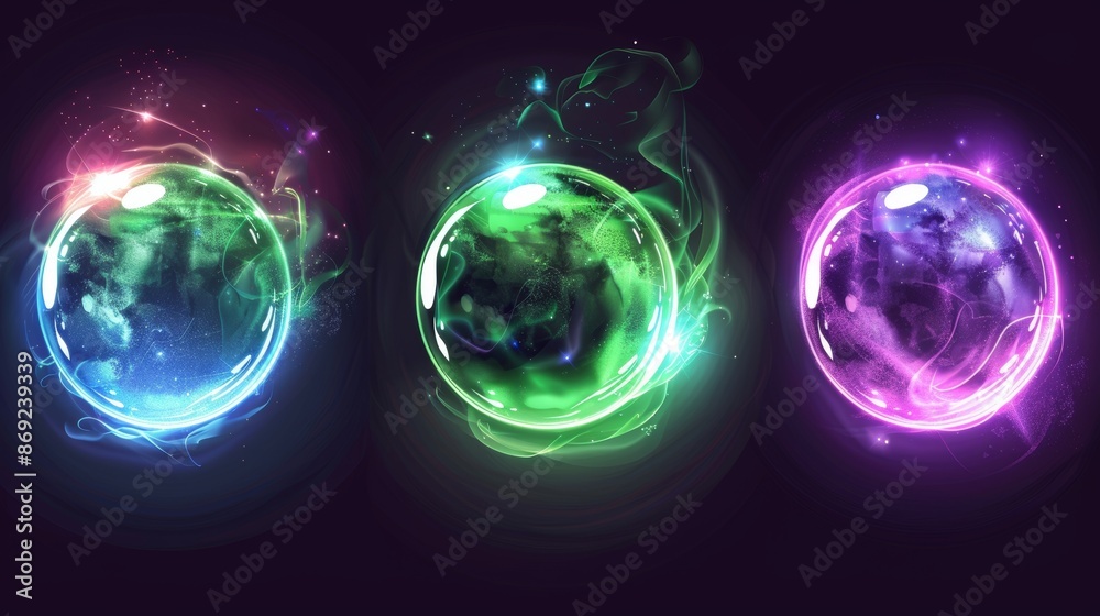 Crystal orb with light glow energy sphere icon. Fantasy magic circle ...