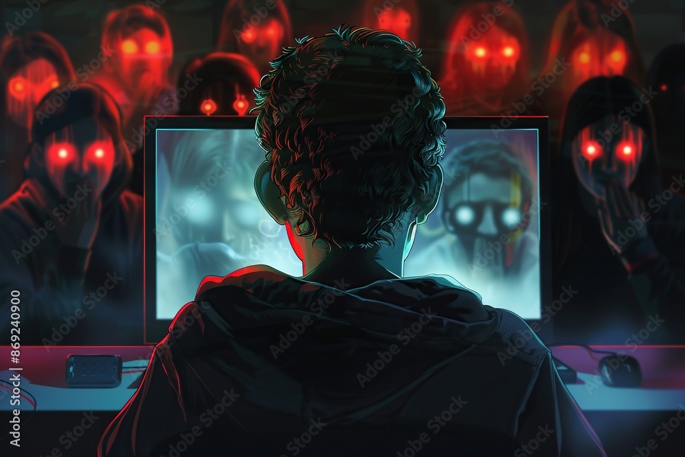 Online predator concept. Young kid with laptop suffering cyber bullying ...