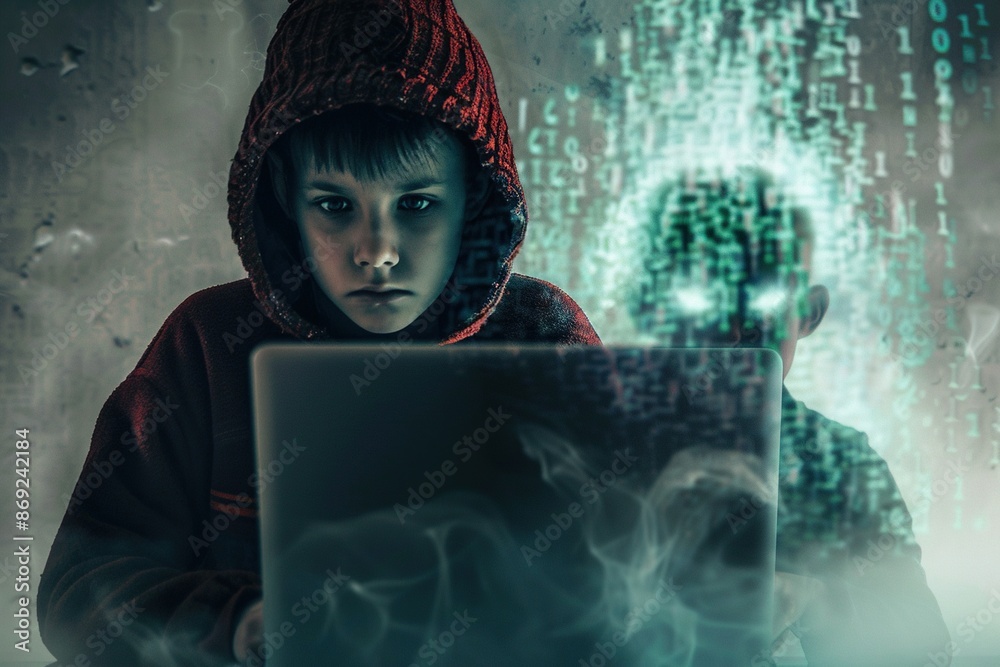 Online predator concept. Young kid with laptop suffering cyber bullying ...