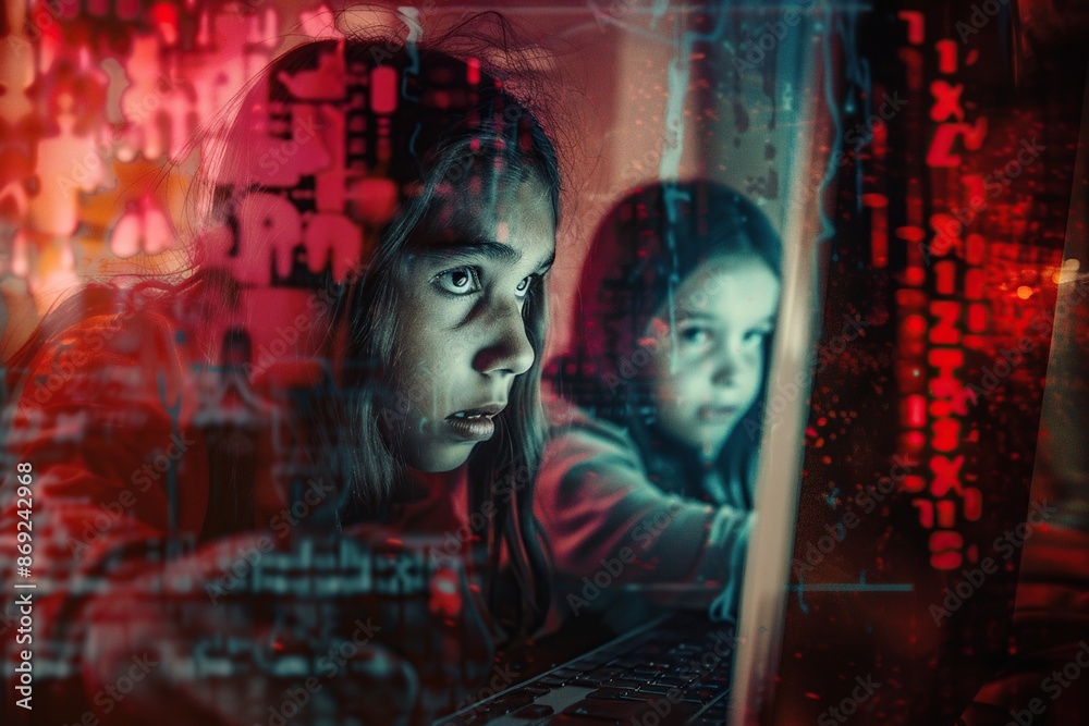 Online predator concept. Young kid with laptop suffering cyber bullying ...