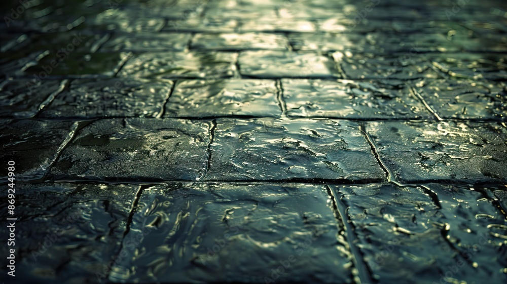 Rain-soaked cobblestone path illuminated by street lights creating a ...