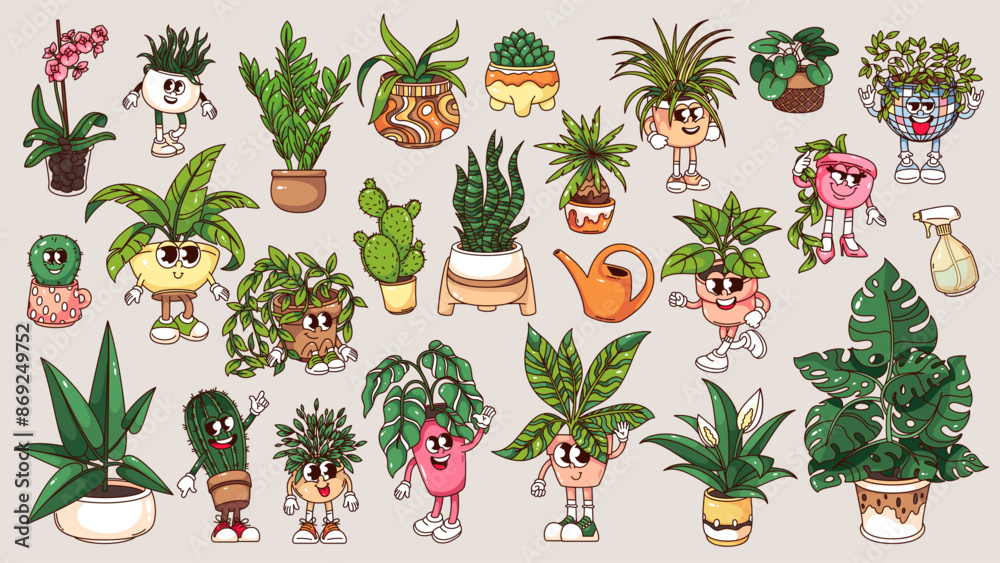 Groovy plants in pots cartoon characters and stickers set. Funny retro ...