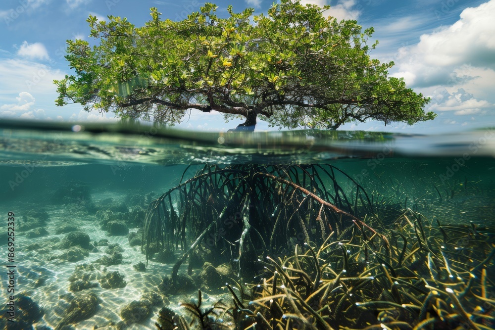 Mangrove trees' intricate roots extend both above and below the water ...