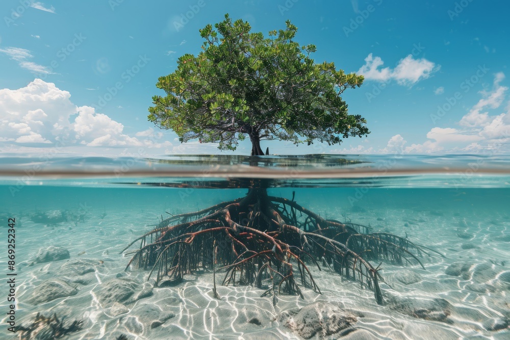 Mangrove trees' intricate roots extend both above and below the water ...