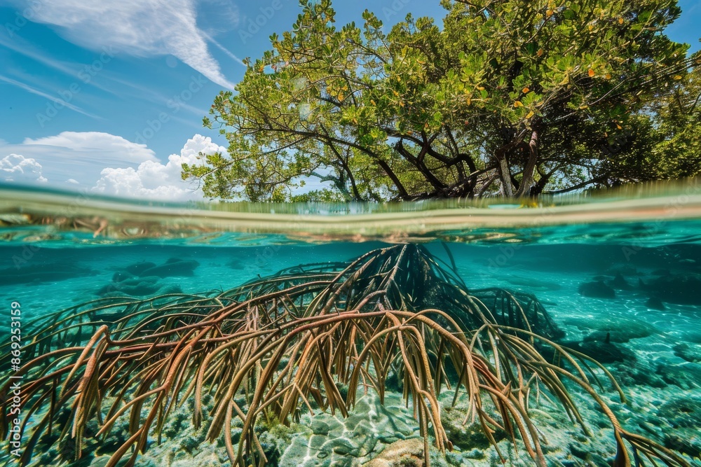 Mangrove trees' intricate roots extend both above and below the water ...