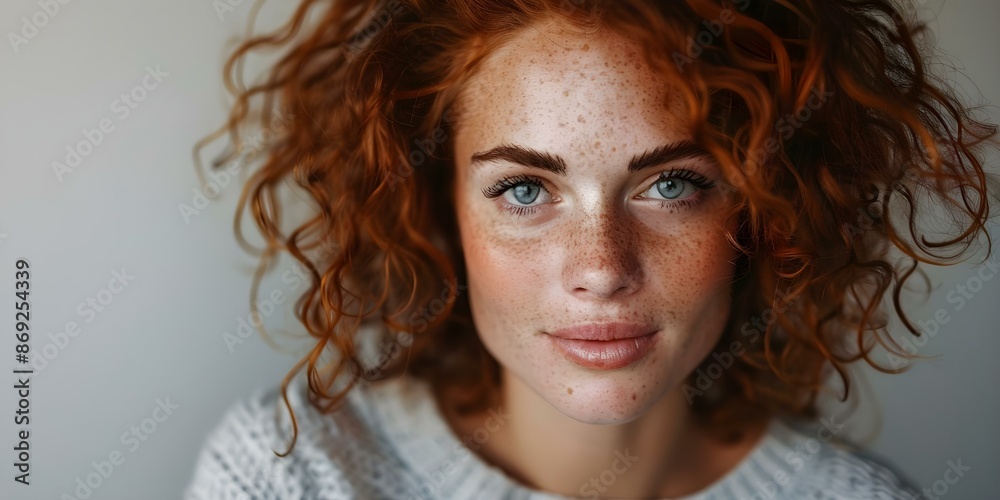 Confident woman with freckles and curly hair in a closeup portrait ...