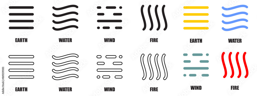 Four elements icons in flat style. Fire, Earth, Water and Wind line ...